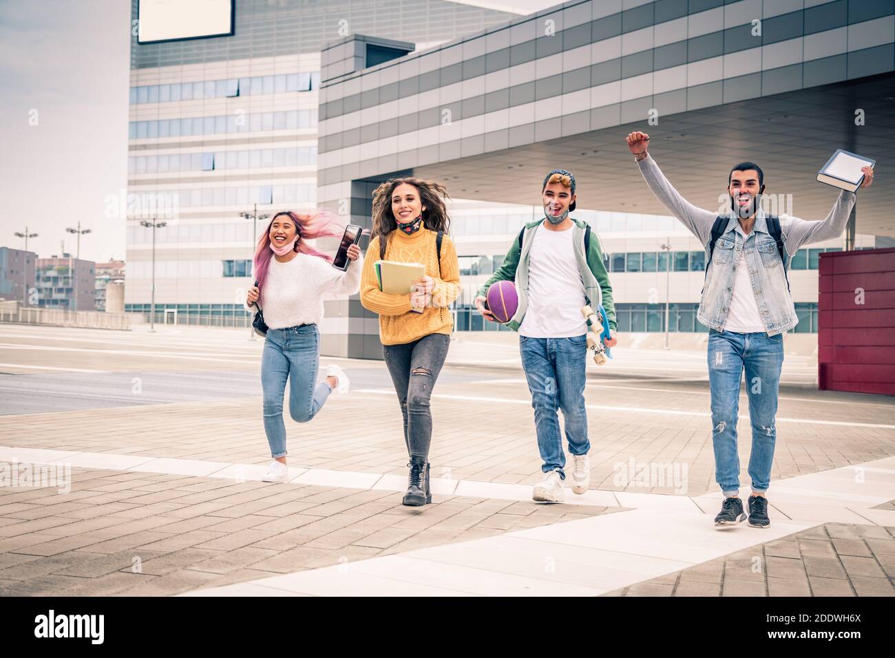 Education, healthcare and pandemic concept - College students wearing ...