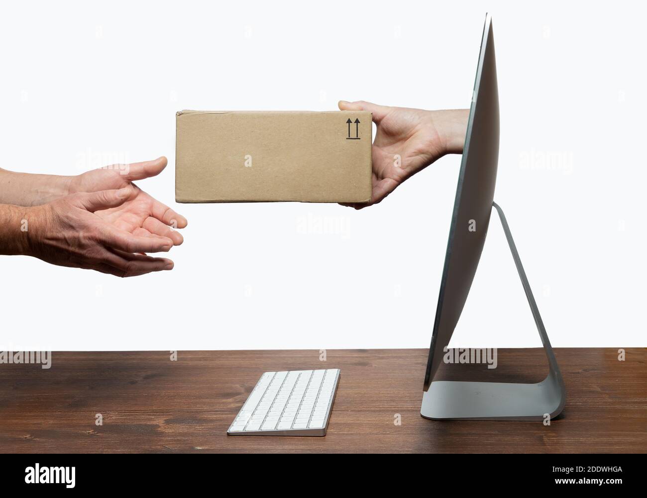 delivering a parcel from a computer screen Stock Photo - Alamy