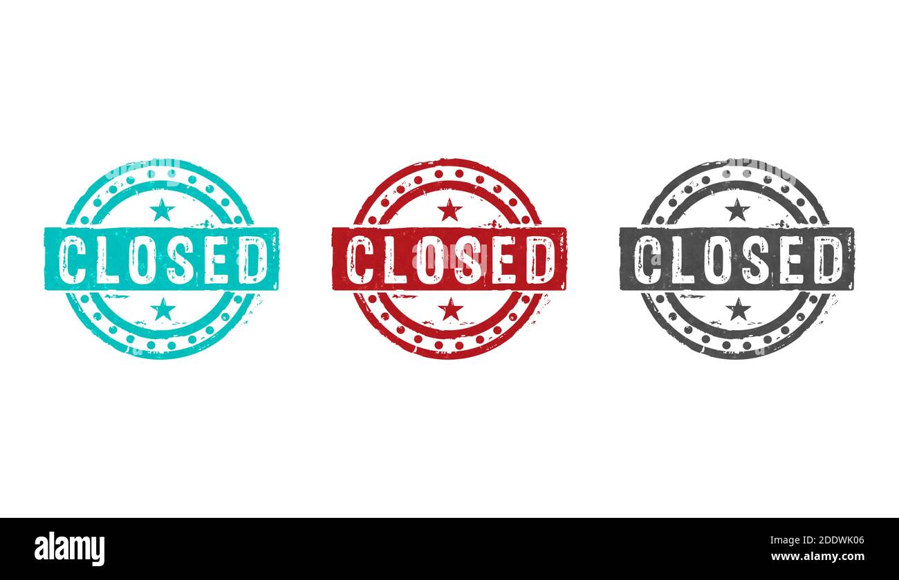 Closed stamp icons in few color versions. Bankruptcy and business close ...
