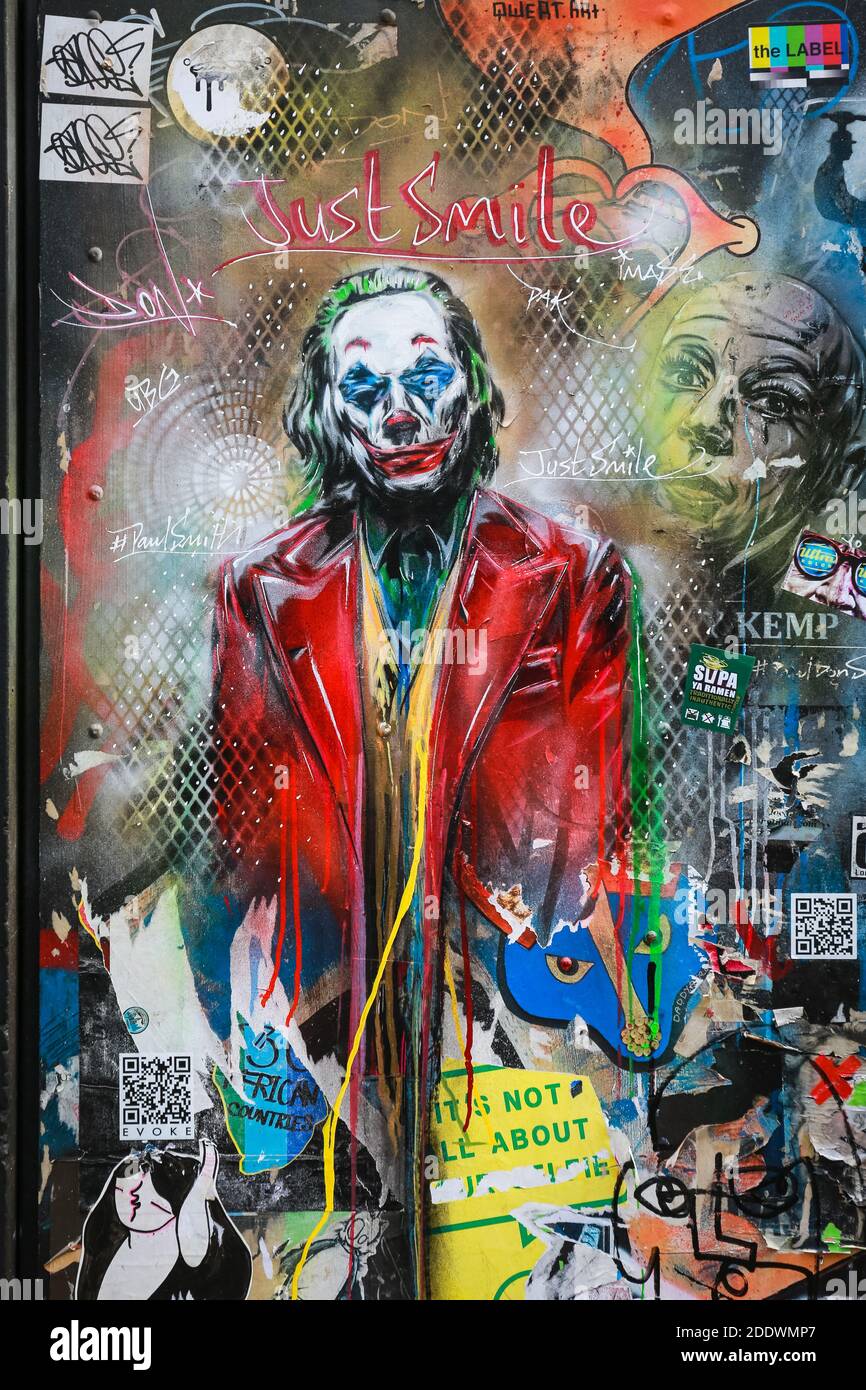 London, UK. 26 November 2020. Mural of the Joker with text saying 'Just ...