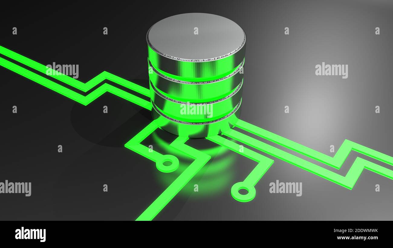DATABASE technology concept image with metallic disks and green light ...