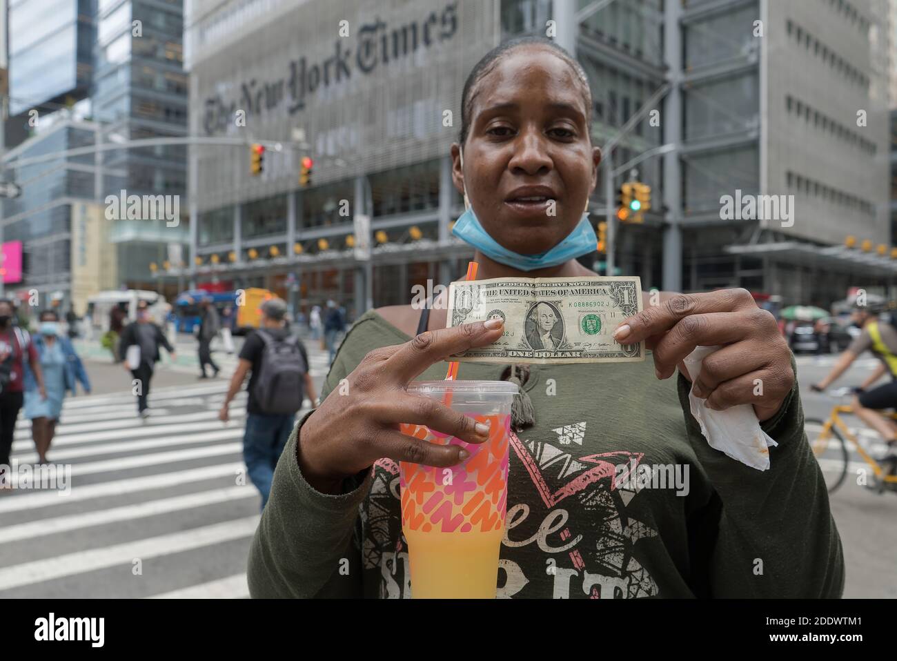 Manhattan, New York. October 01, 2020. A homeless woman poses with a ...