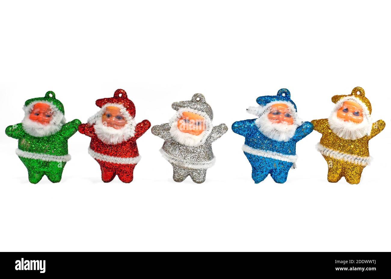Multi-colored Santa Claus decorations on white background Stock Photo ...