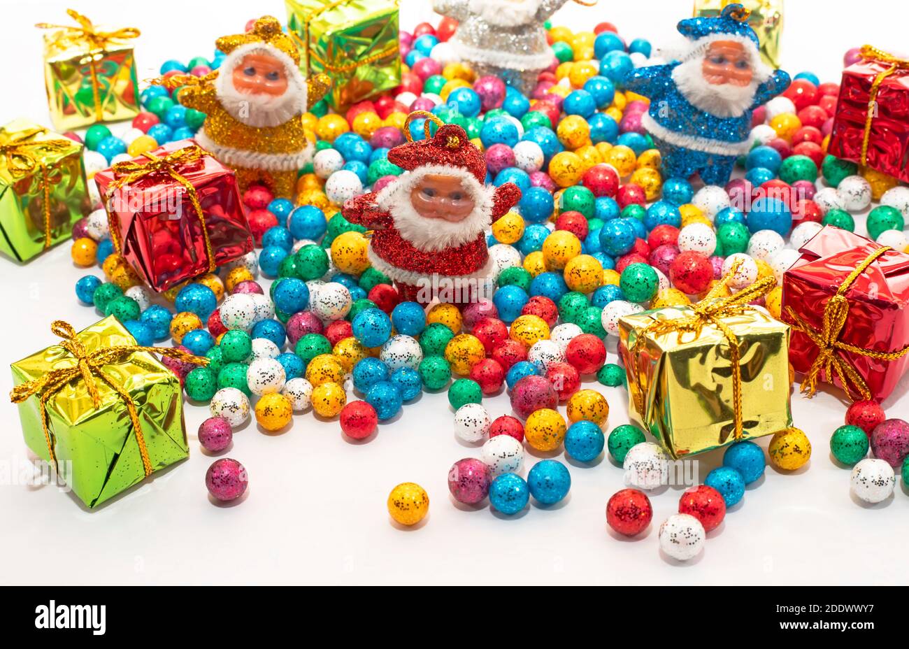 Santa Claus with colorful balls and Gift boxes on white backgrounds ...