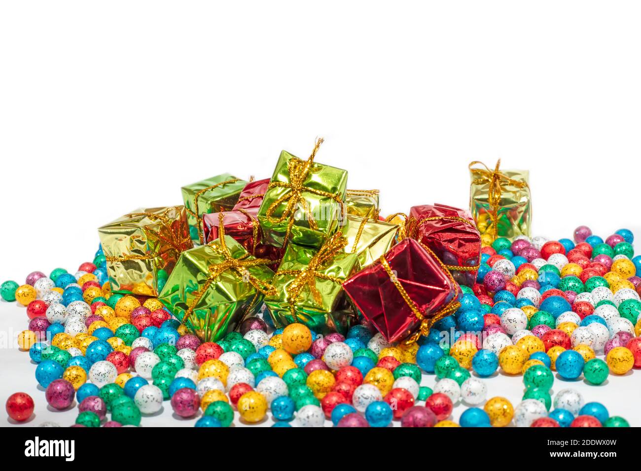 Colorful gifts box and balls isolated on white backgrounds Stock Photo ...