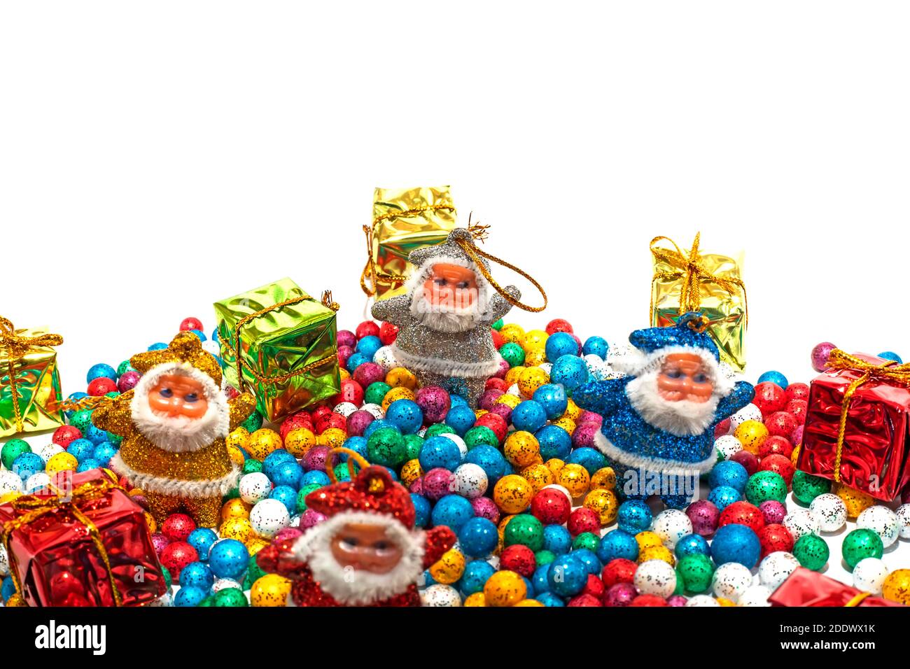 Santa Claus with colorful balls and Gift boxes on white backgrounds ...