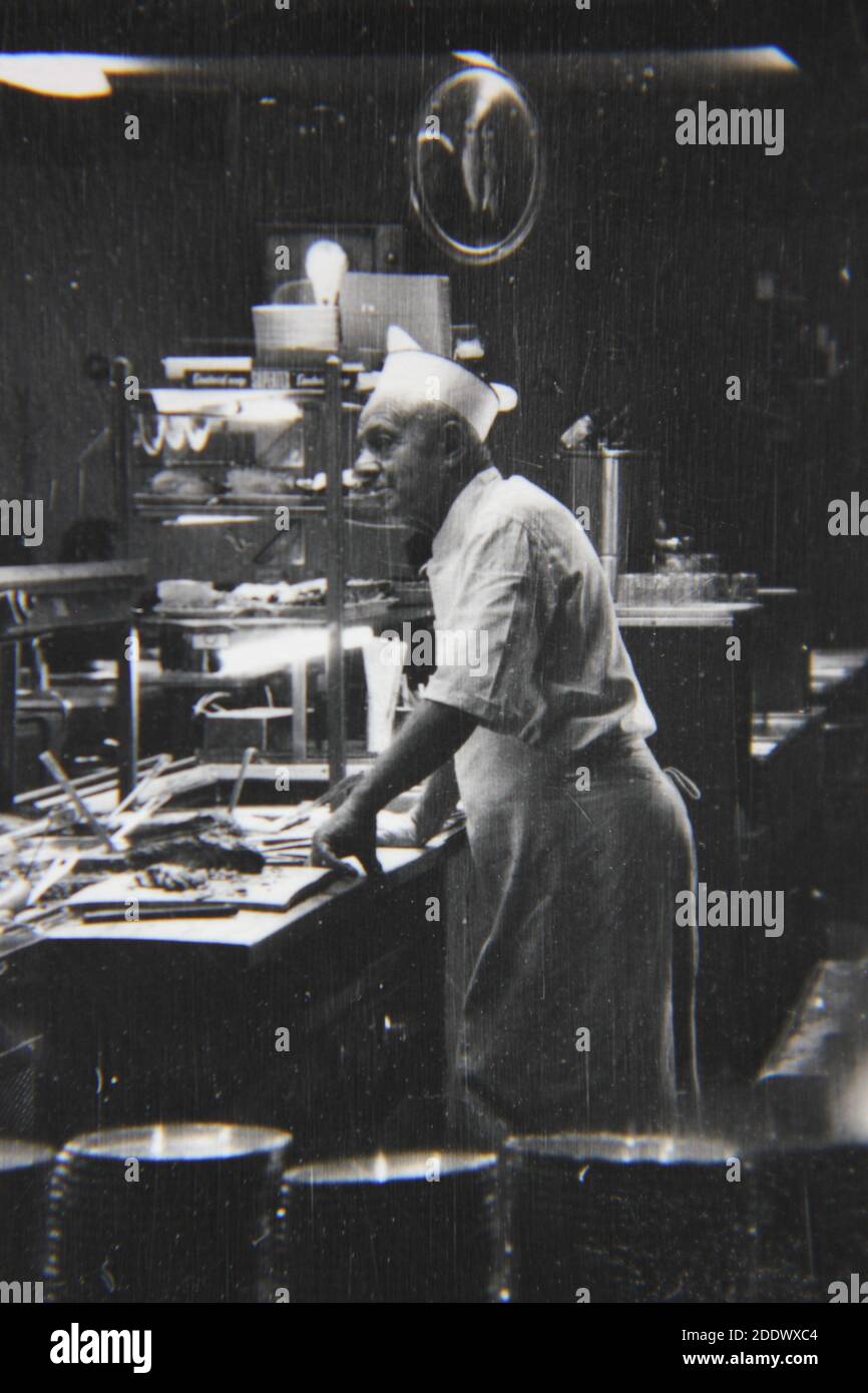 Fine 1970s vintage black and white portrait of a short order cook ...