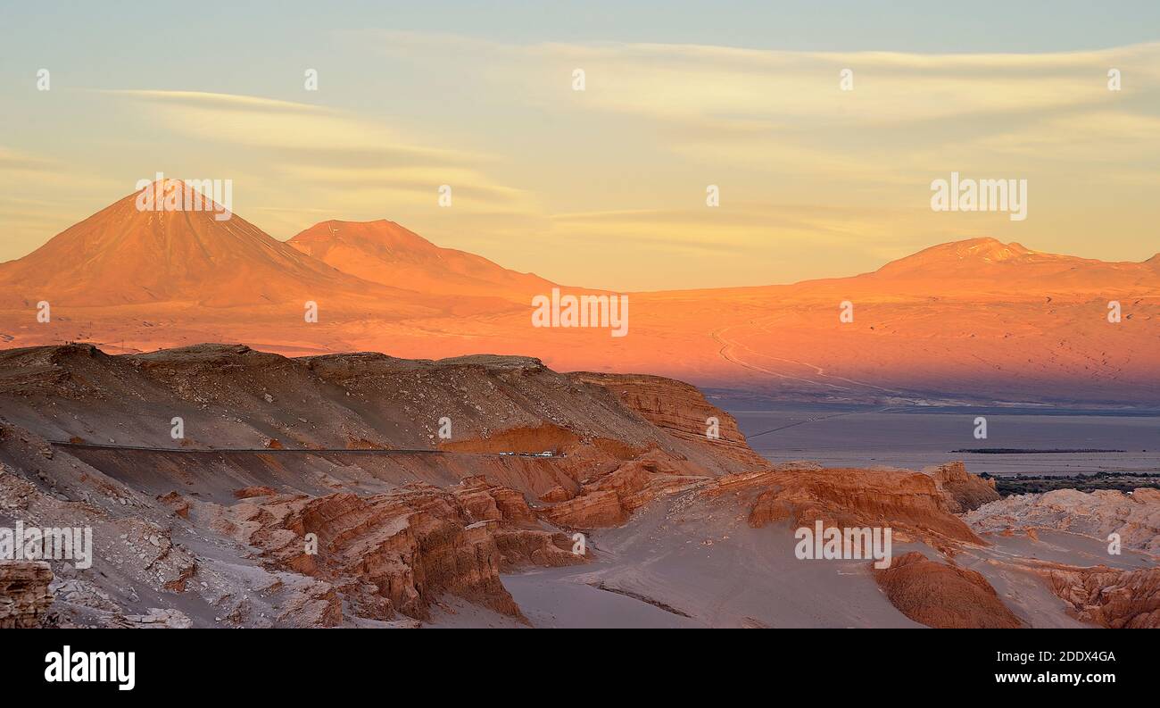 Sunset in desert landscape, Moon Valley, San Pedro de Atacama, Chile ...