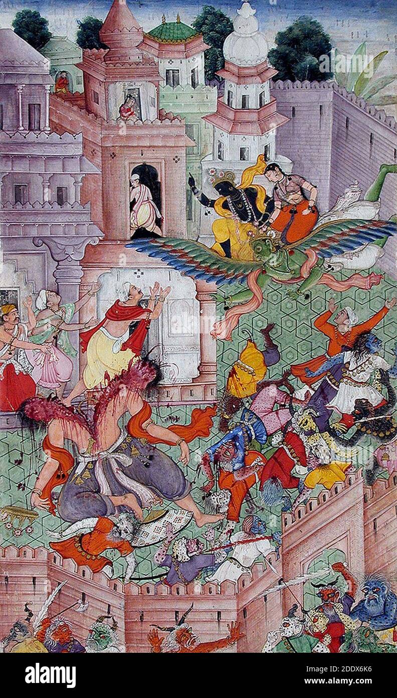 Krishna Cleaves the Demon Narakasura with his Discus Stock Photo - Alamy