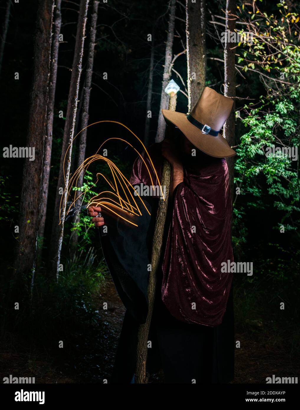 Wizard looking at something in the forest and casting spells with his ...