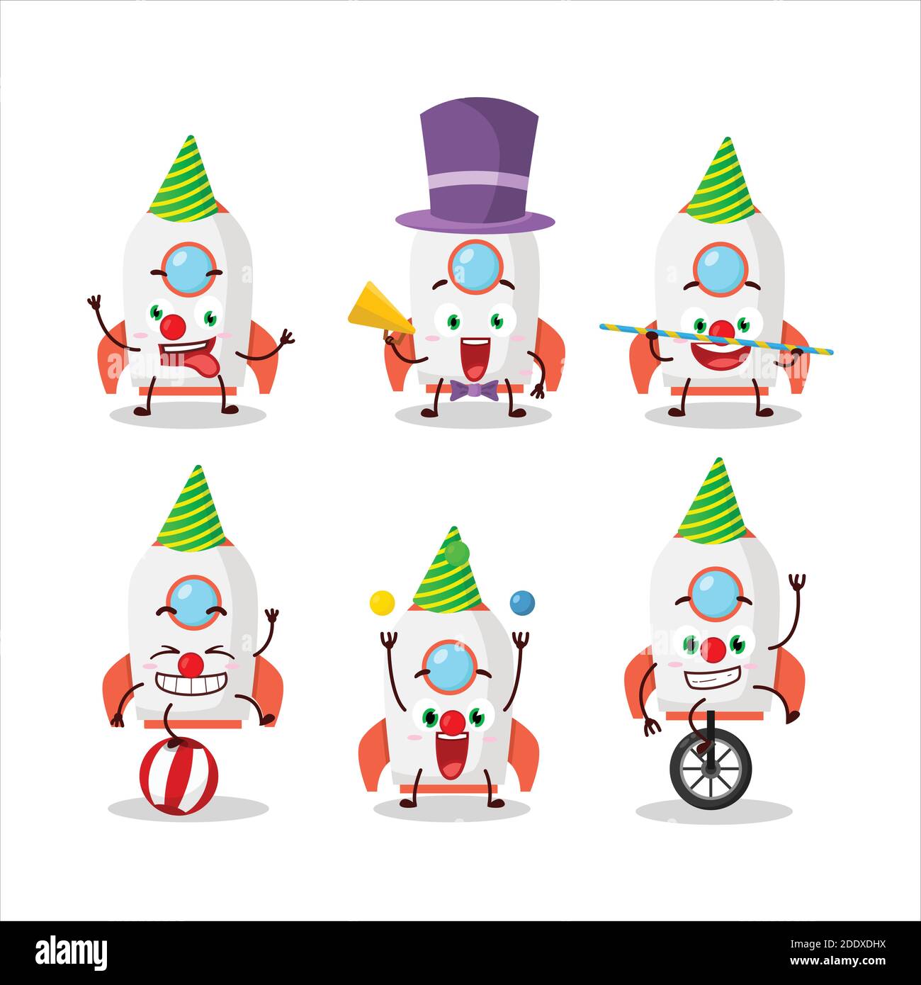Cartoon character of white rocket firecracker with various circus shows ...