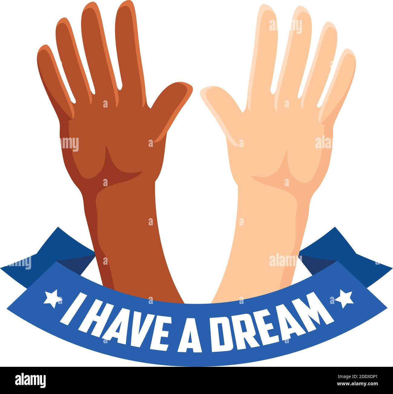 Martin Luther King Day, raised white and black hands and ribbon vector ...