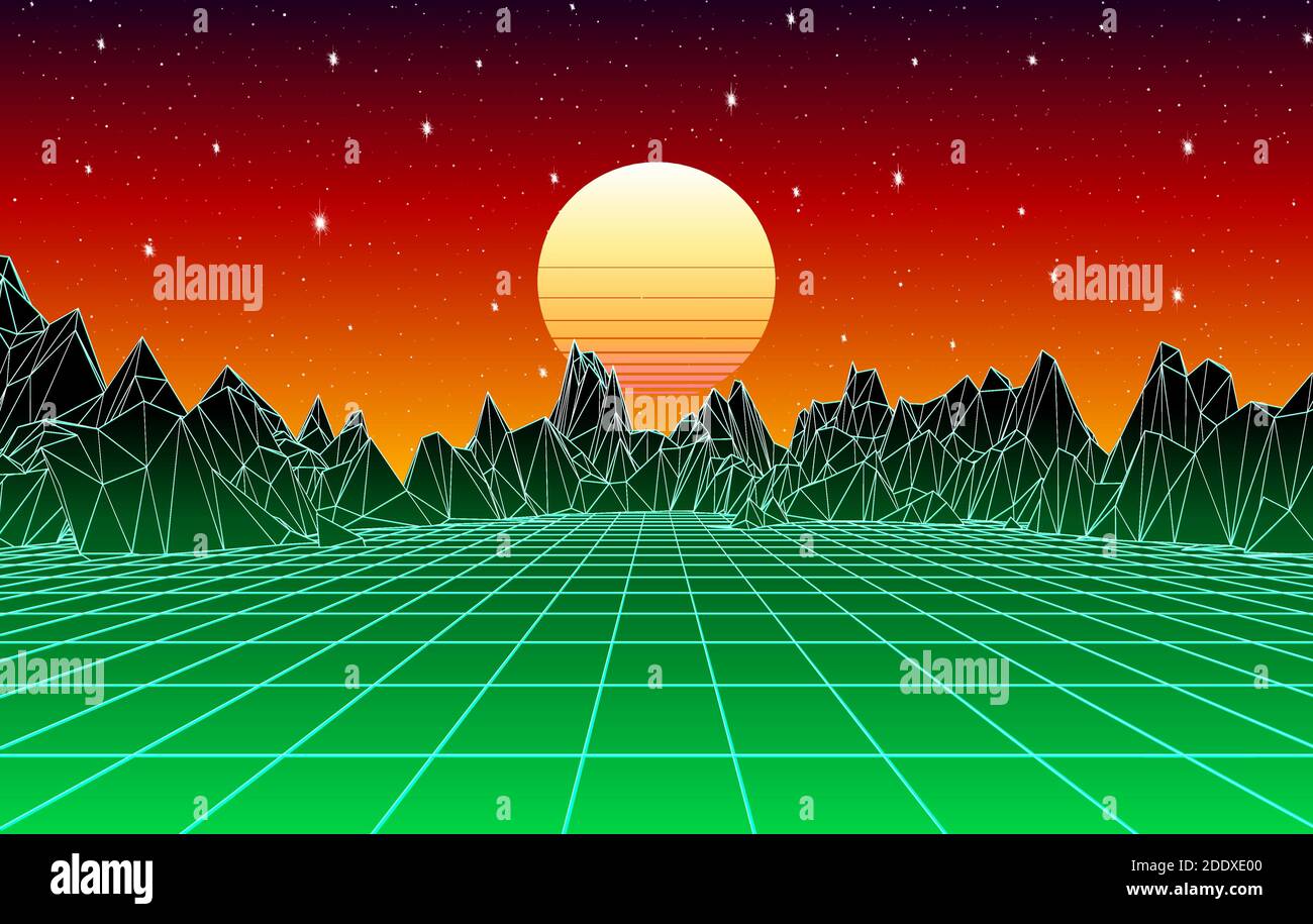 Neon grid mountain landscape and yellow sun with old 80s arcade game ...