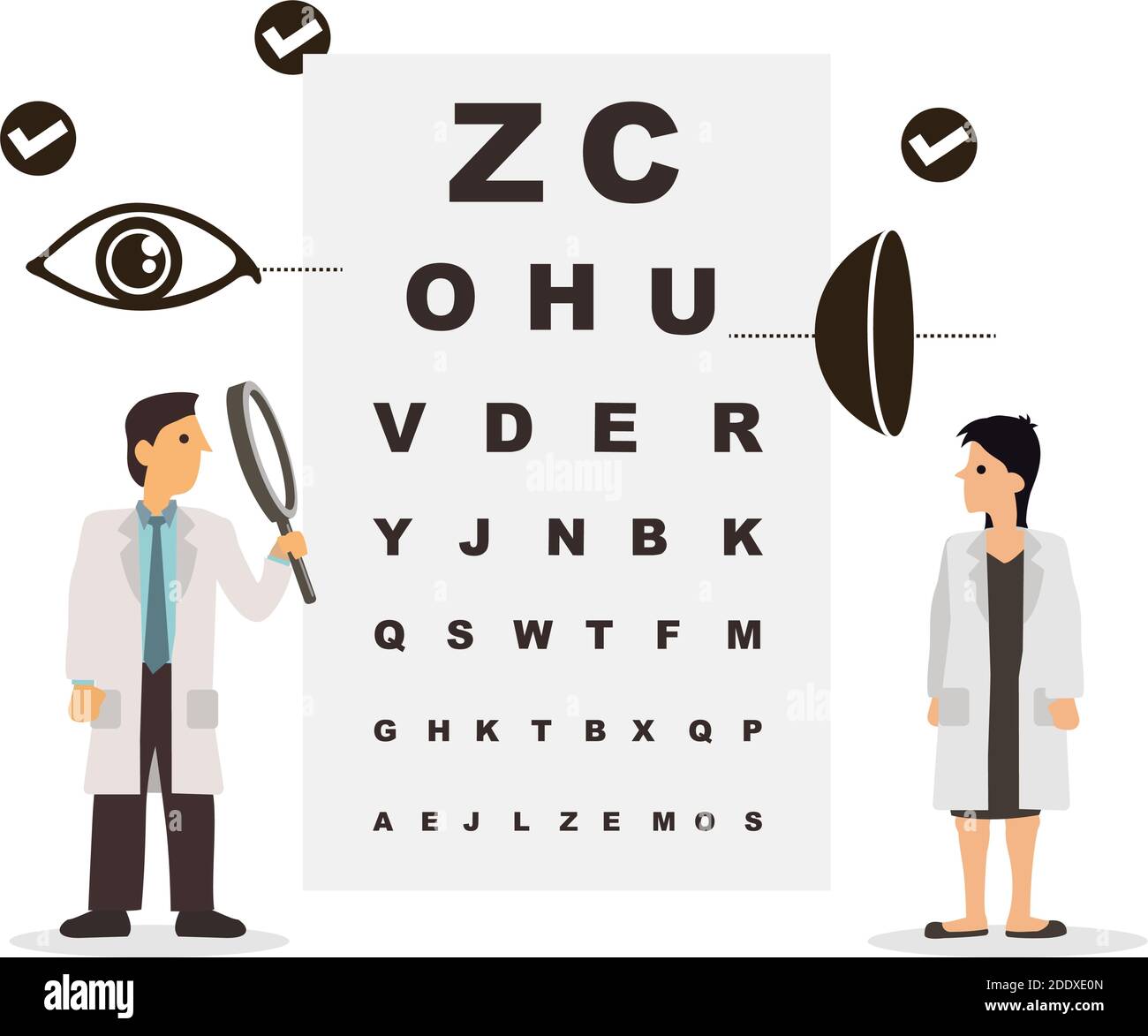 Vector graphic illustration of team of doctors diagnose the eye and the ...