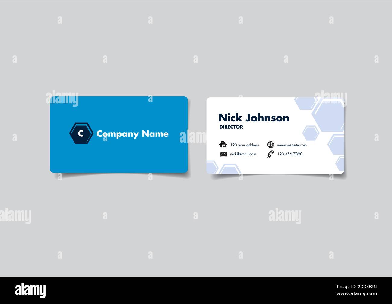 Front and back of a blue and white name card with hexagon design ...