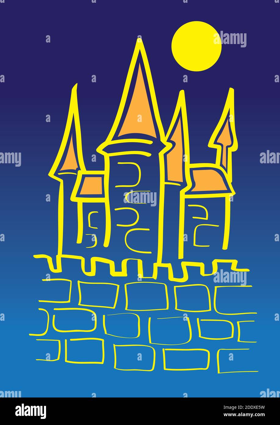 Brick castle with tall tower under lamination of full moon light in the ...