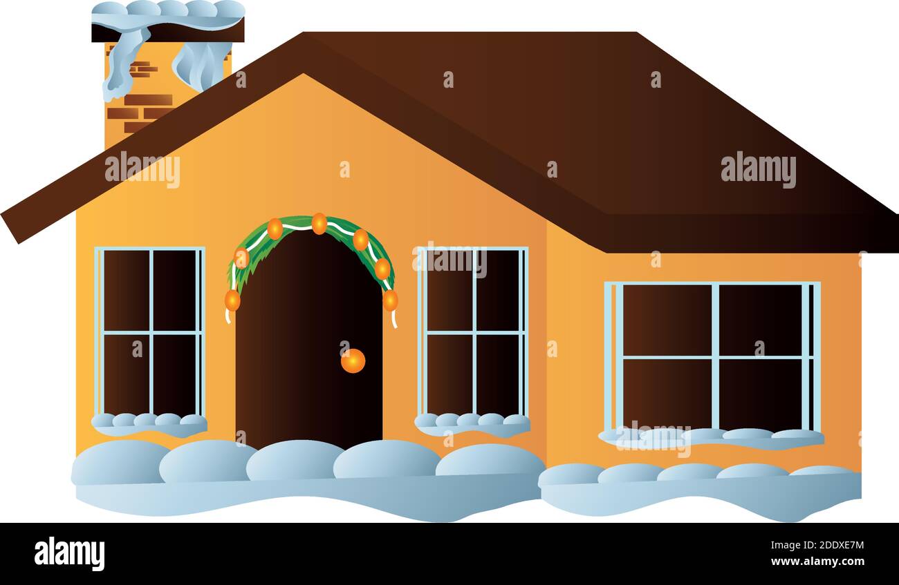merry christmas, house with chimney decorated with lights and snow on ...