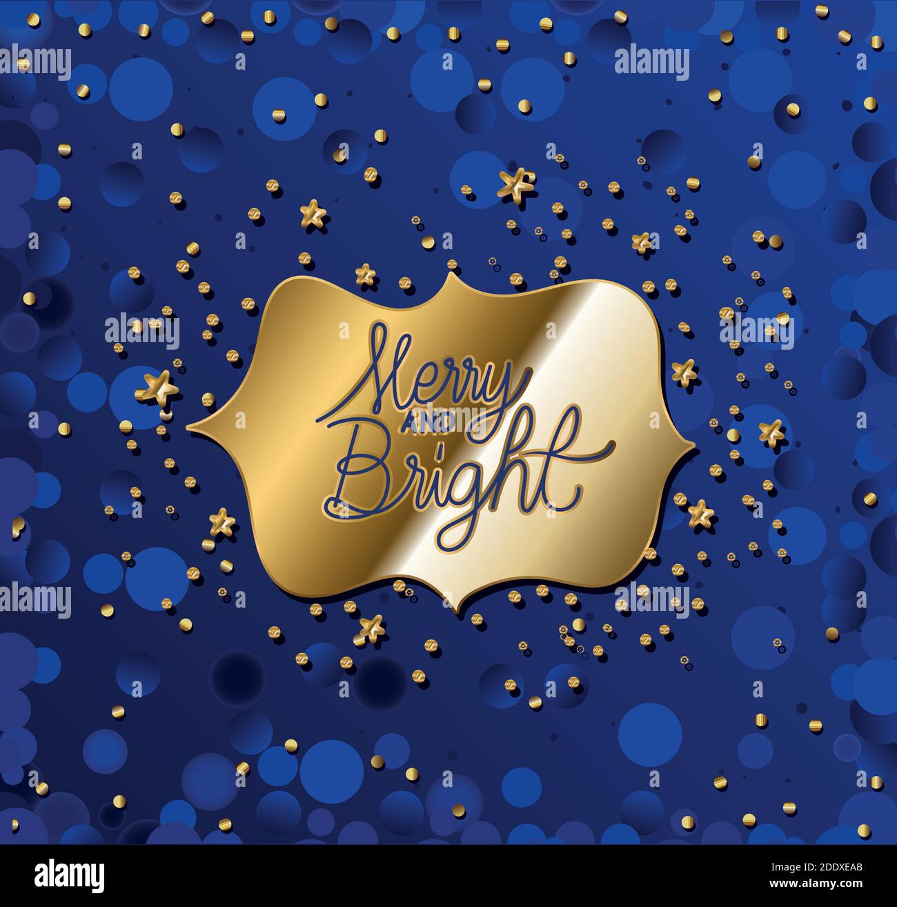 merry and bright in gold cursive lettering with stars on blue ...