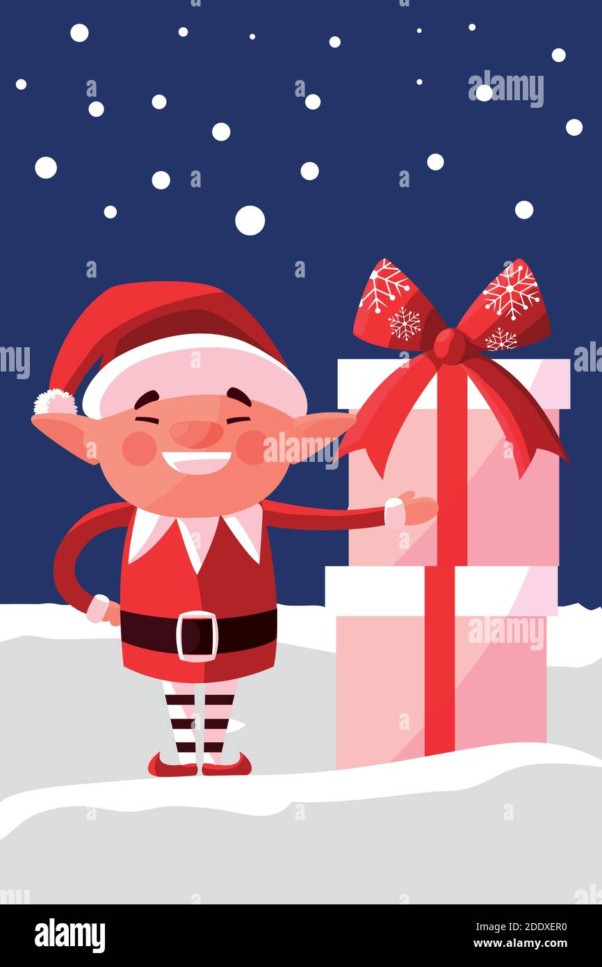 merry christmas little elf with gift boxes in the snow vector ...
