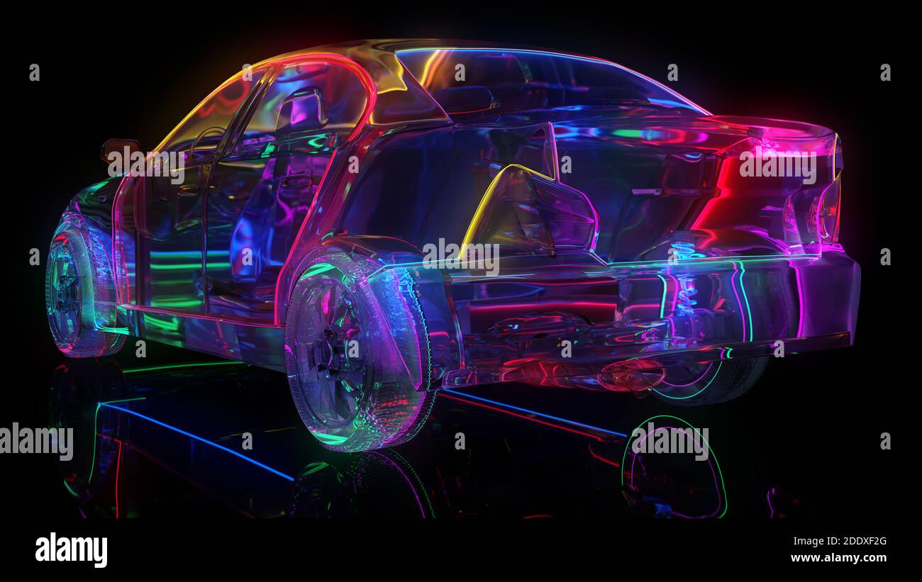 Glass car with neon lighting. The edges of the car are highlighted ...