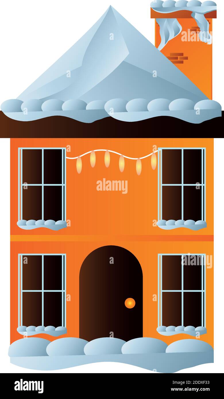 merry christmas, house cartoon bright lights and snow on white ...