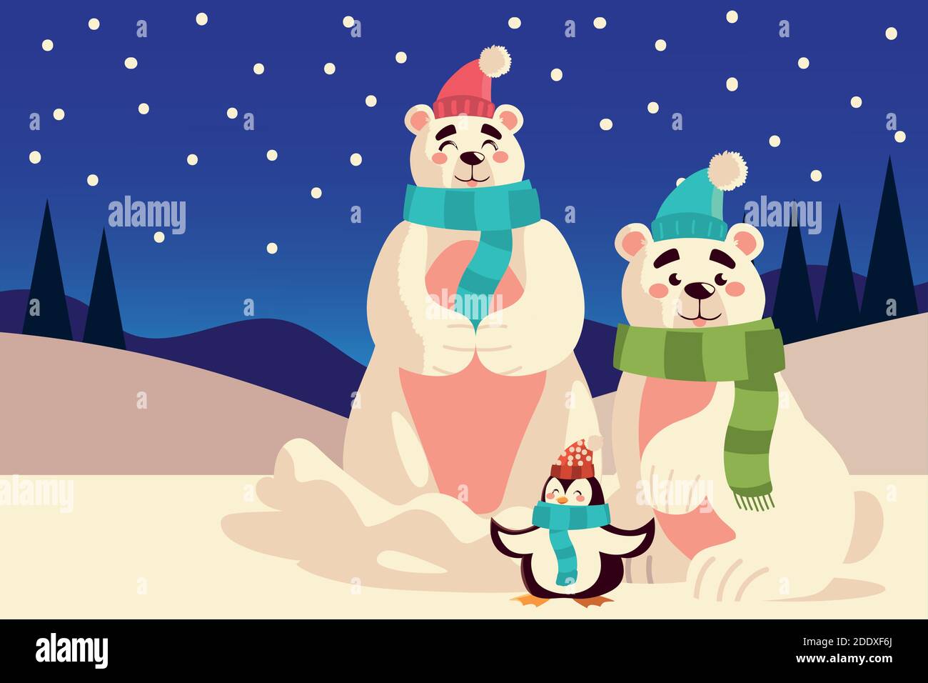 merry christmas cute polar bears and penguin sitting in the snow vector ...