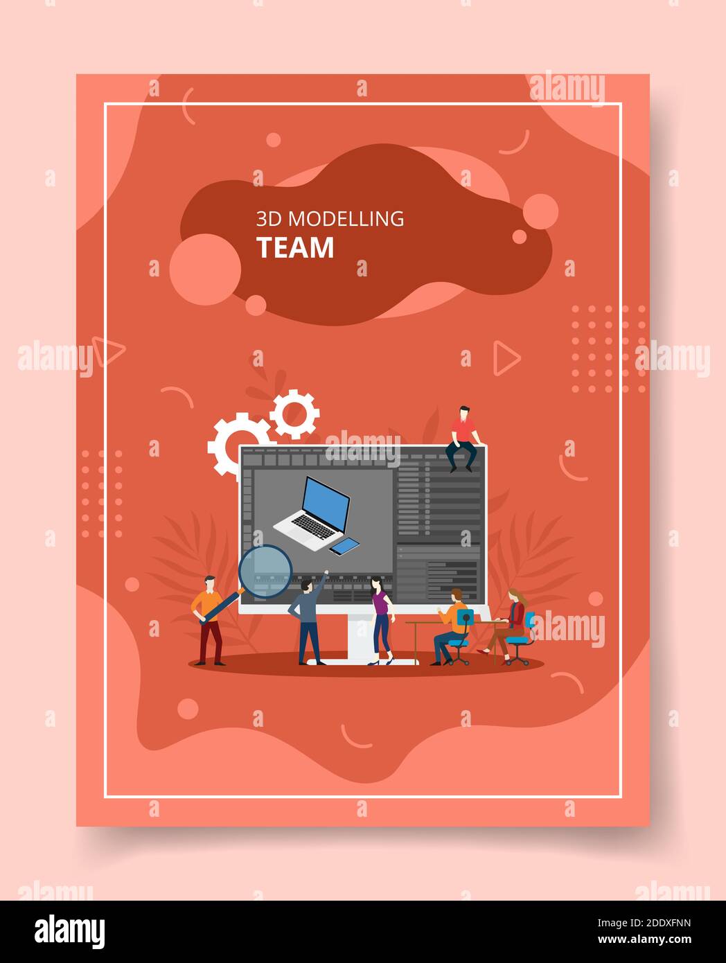 3D modeling team people standing sitting front big computer for ...