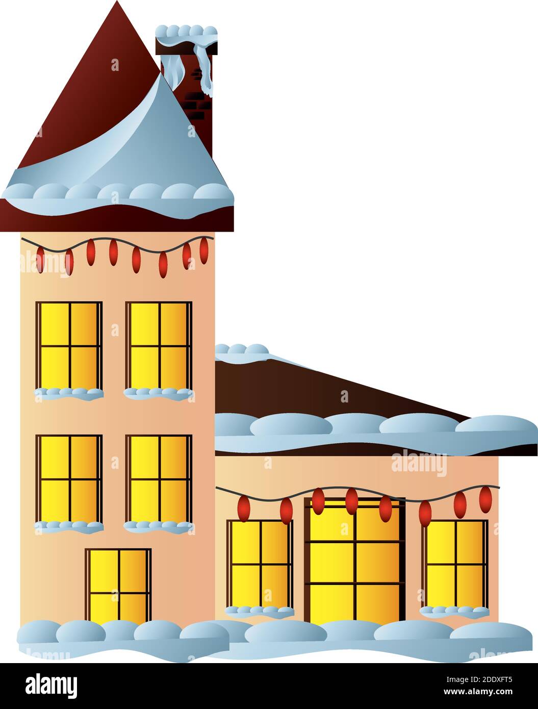 merry christmas, classic building with lights and snow on white ...