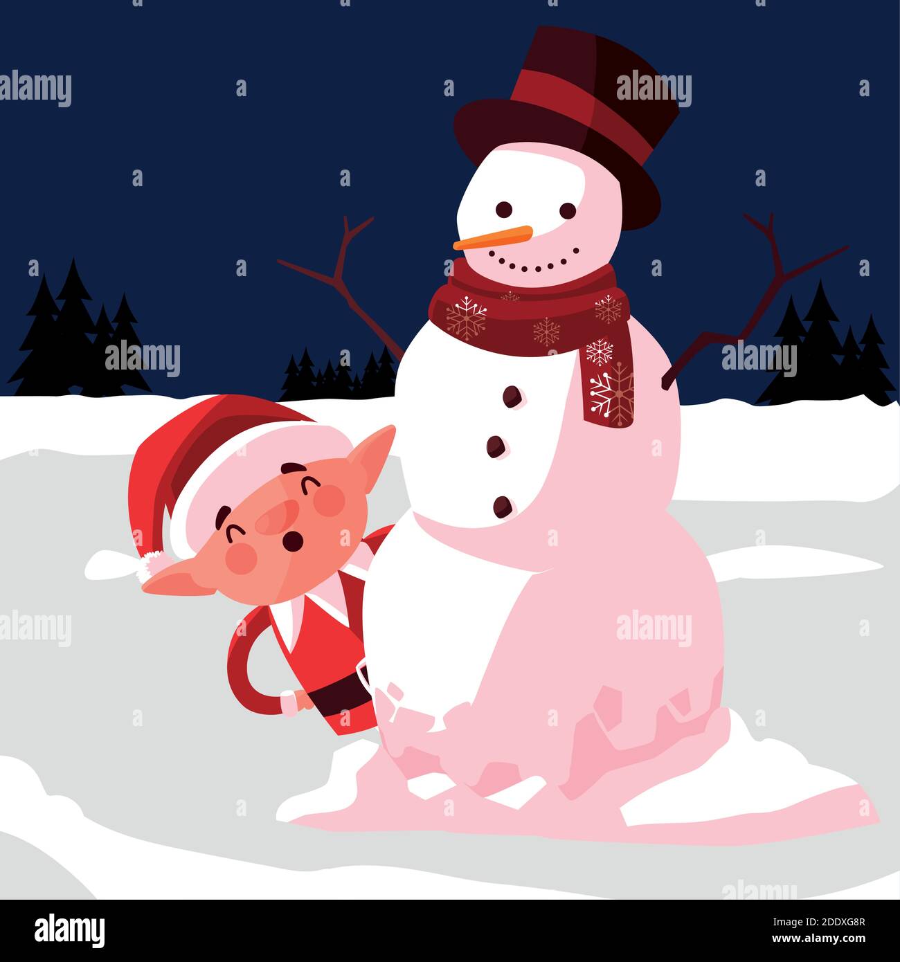 merry christmas elf and snowman in the snow scene vector illustration ...
