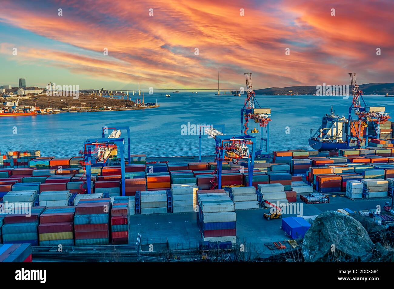 Industrial landscape with a view of the port and the Russian bridge at ...
