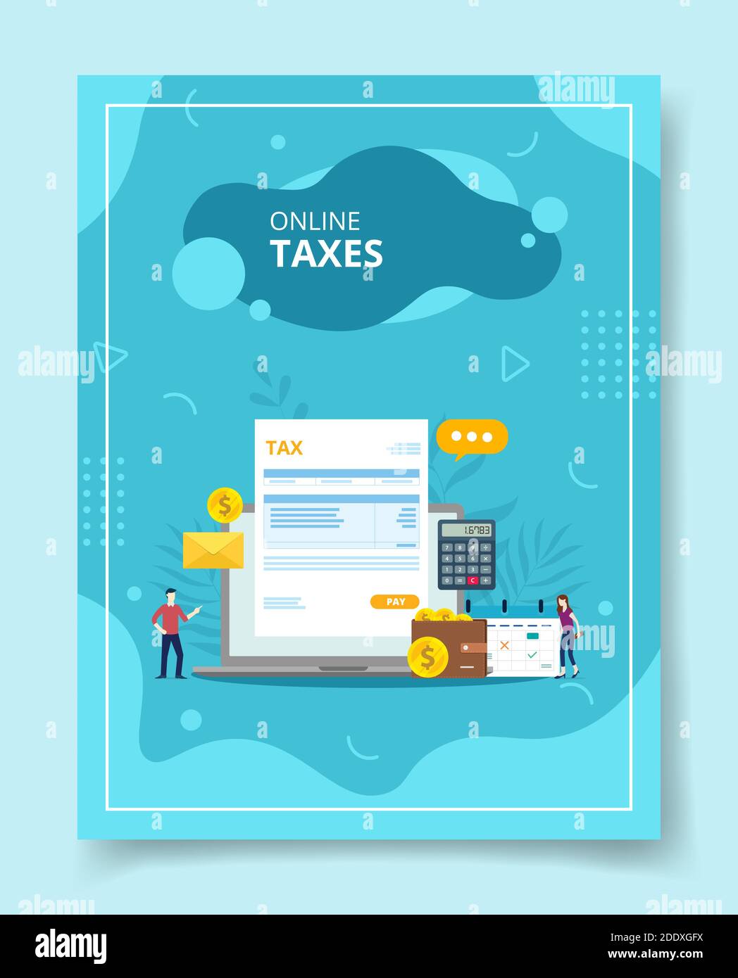 online taxes people standing around laptop bill tax on screen display ...