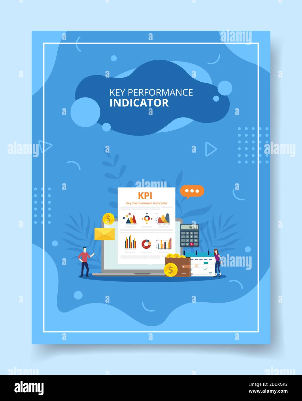 key performance indicator people standing around laptop curve bar pie ...