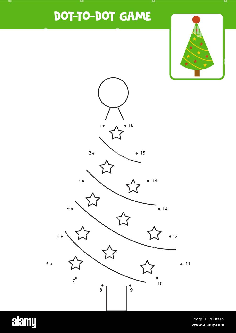 Dot to dot game with cartoon Christmas fir tree. Connect the dots. Math ...
