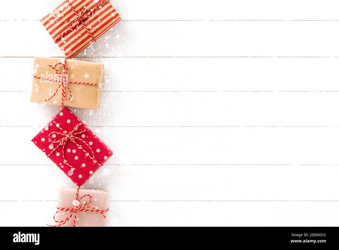 Gift boxes, border design, on white wood background - Christmas and new ...