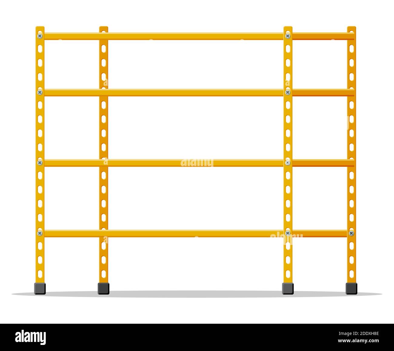 Metal yellow standing rack. Empty metallic storage shelves isolated on ...