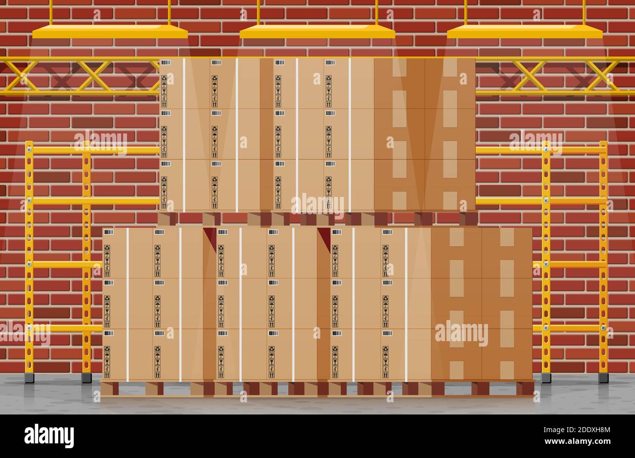 Warehouse interior with goods and container package boxes. Pile ...