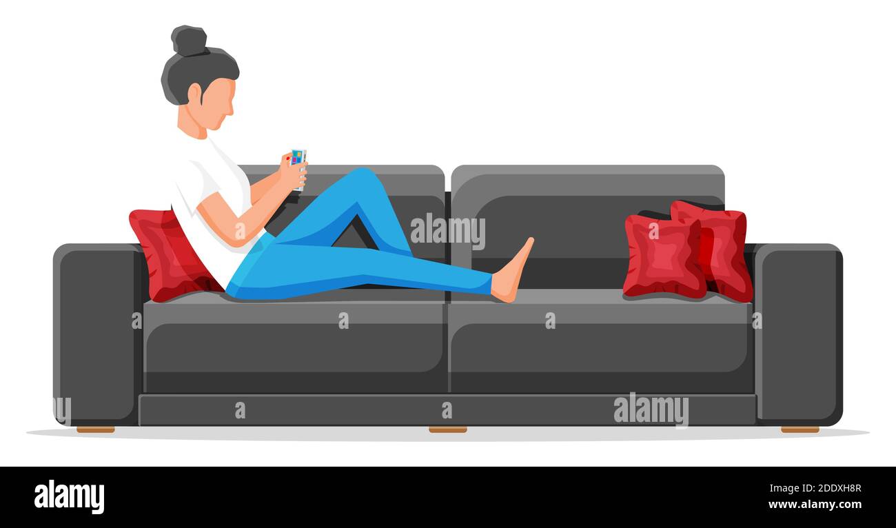 Young woman holding smartphone, lying on sofa. Female character using ...