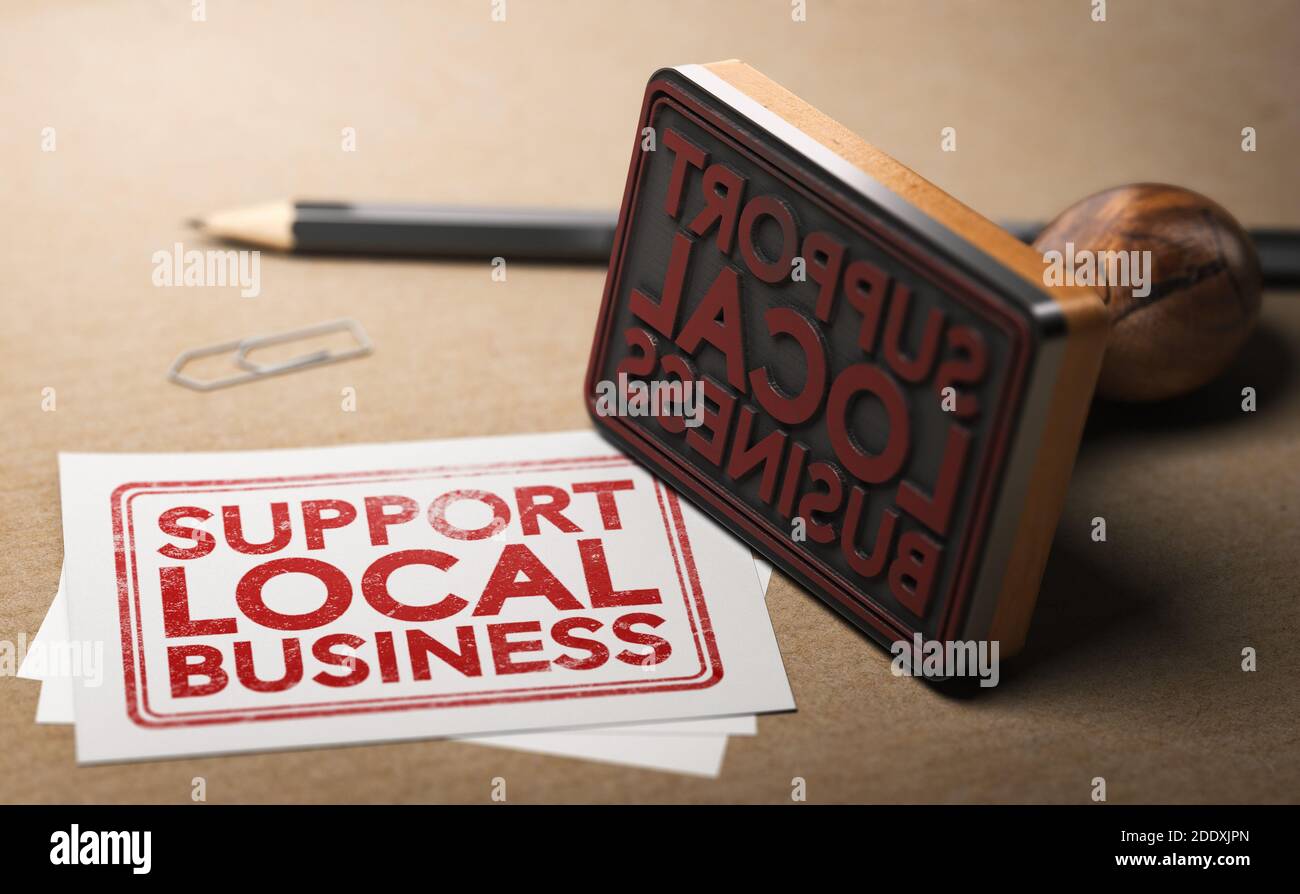 3D illustration of rubber stamp and cards with the text support local ...