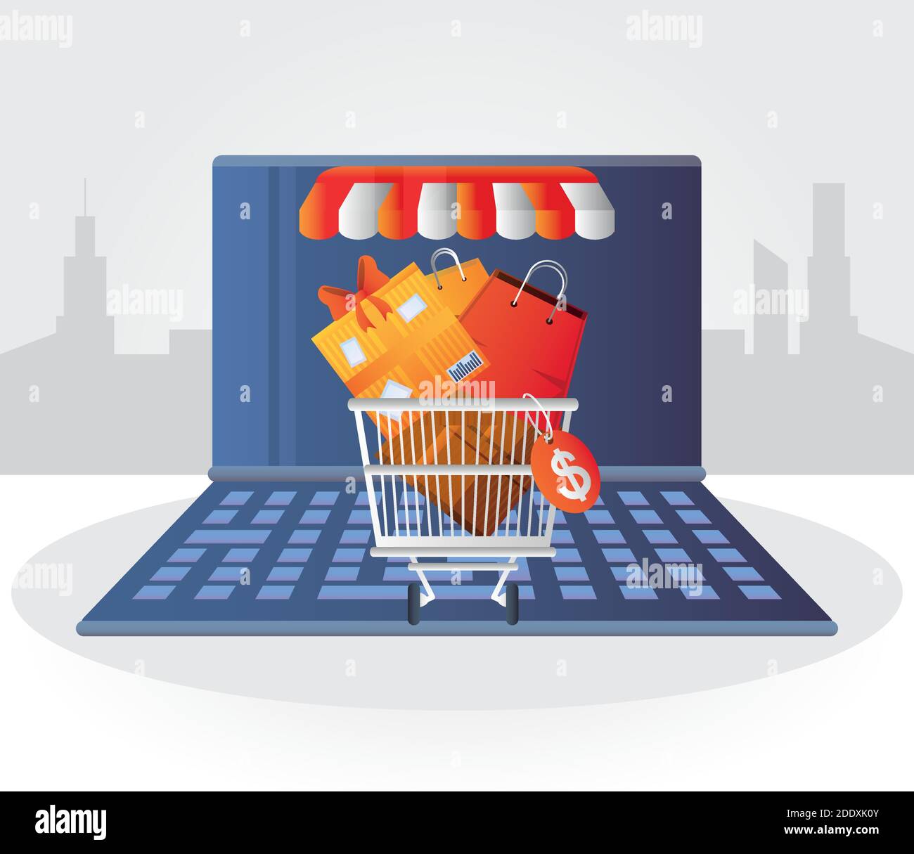 online shopping, laptop computer technology cart with gift and bag ...