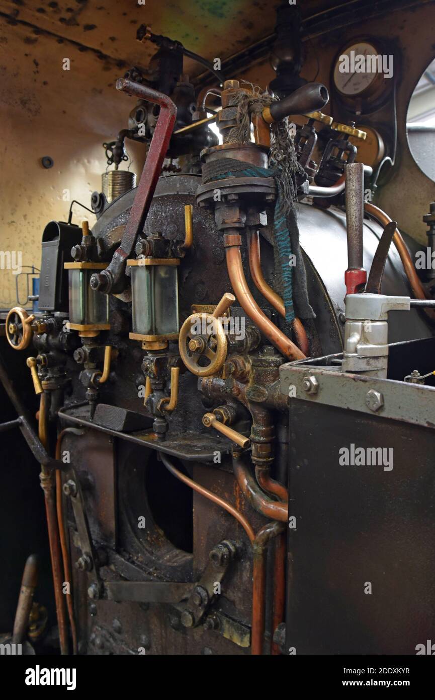 Cab and controls of a narrow gauge steam engine at the Apedale heritage ...