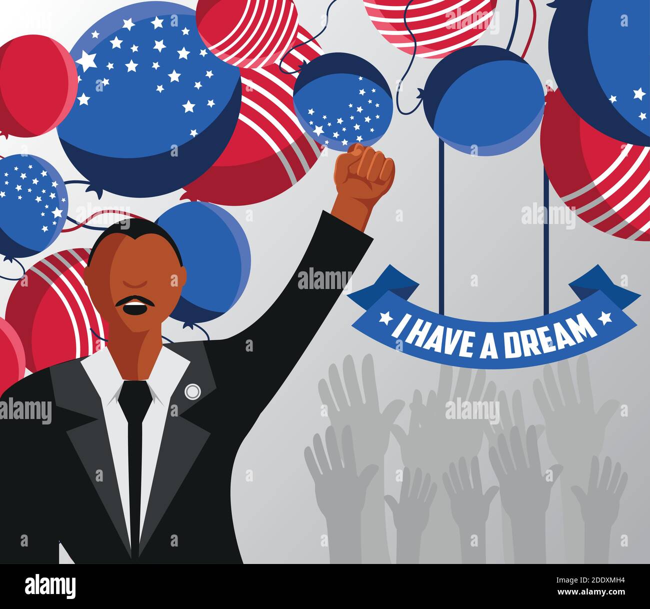 Martin Luther King Day character hand raised and balloons celebration ...