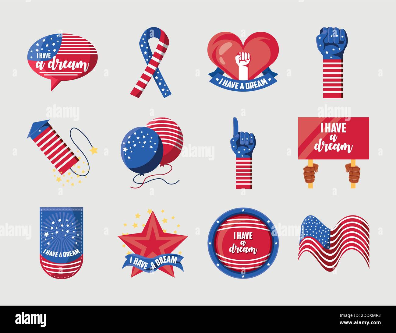 Martin Luther King Day, icons set american flag in ribbon hand balloons ...