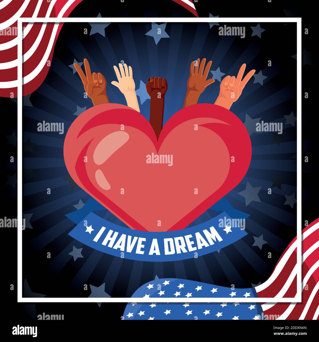 Martin Luther King Day, diverse hands with heart and american flag ...