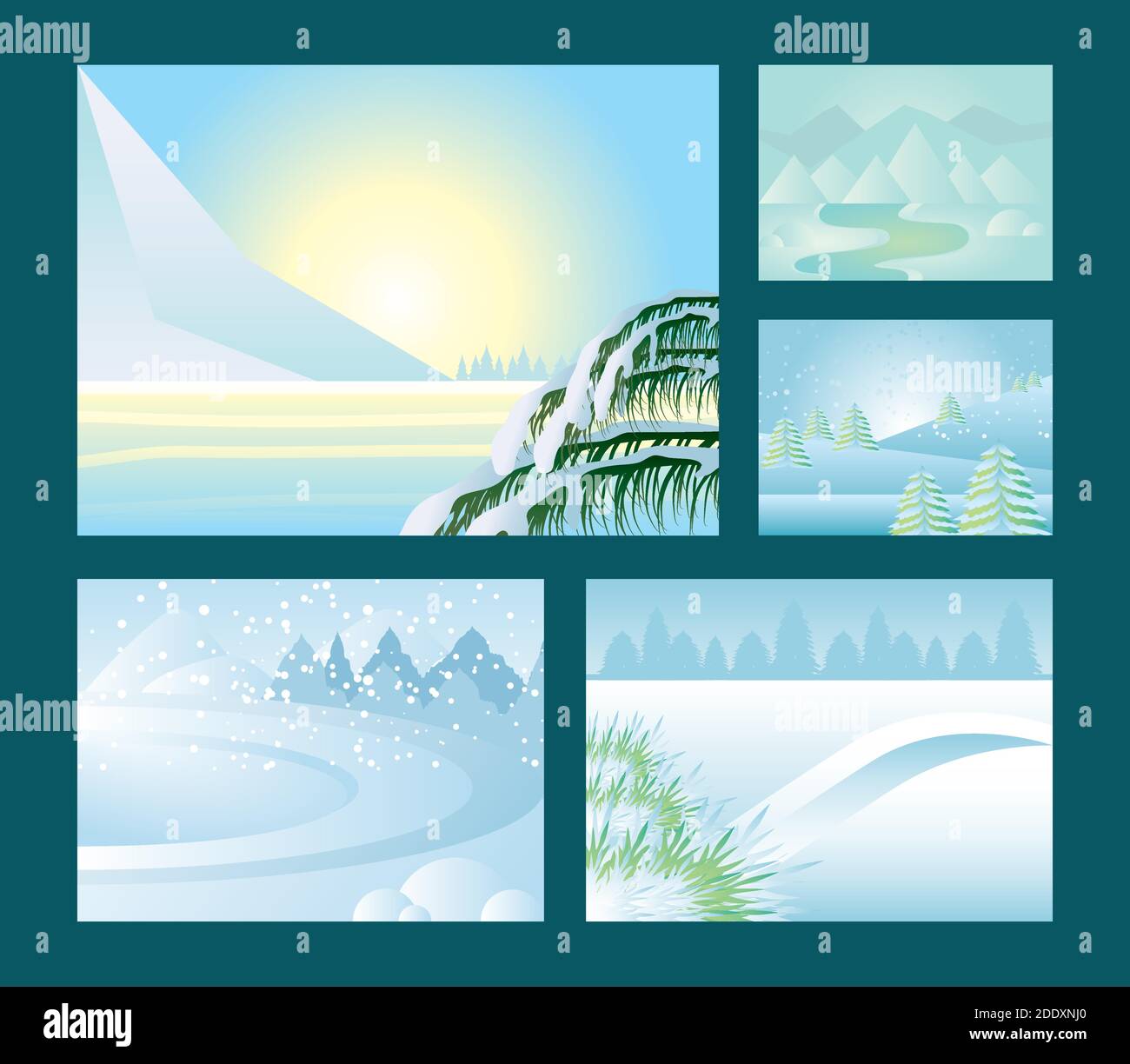 winter landscape snowy weather mountains trees river and road scene set ...