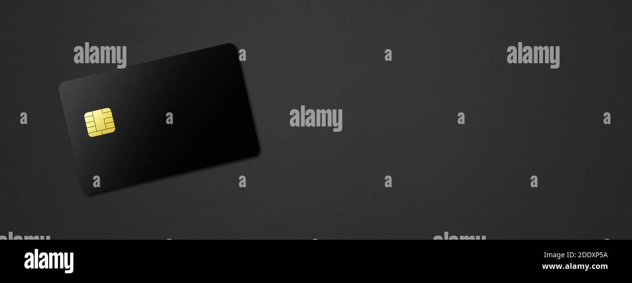 Black credit card template on a dark background banner. 3D illustration ...