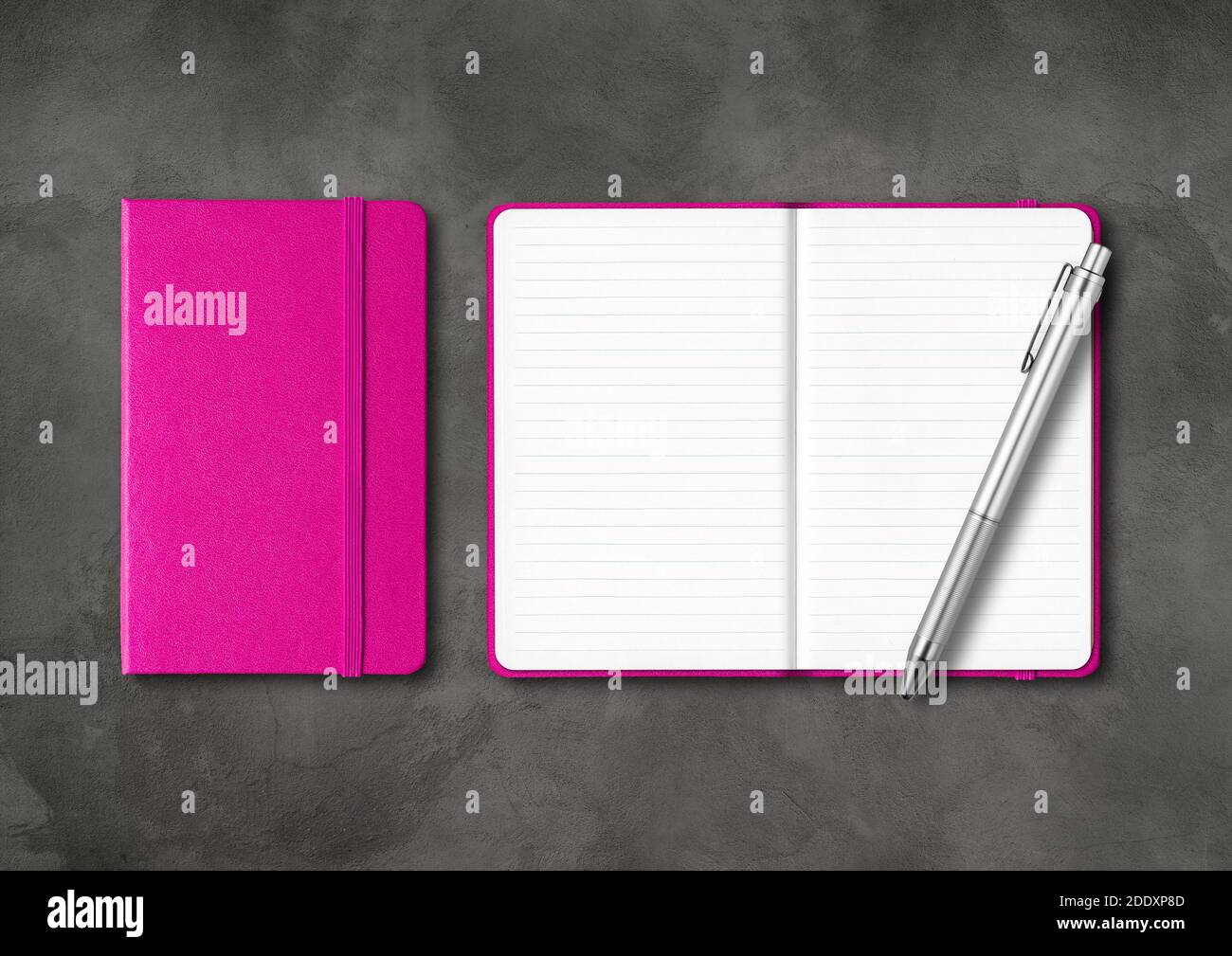 Pink closed and open lined notebooks with a pen. Mockup isolated on ...