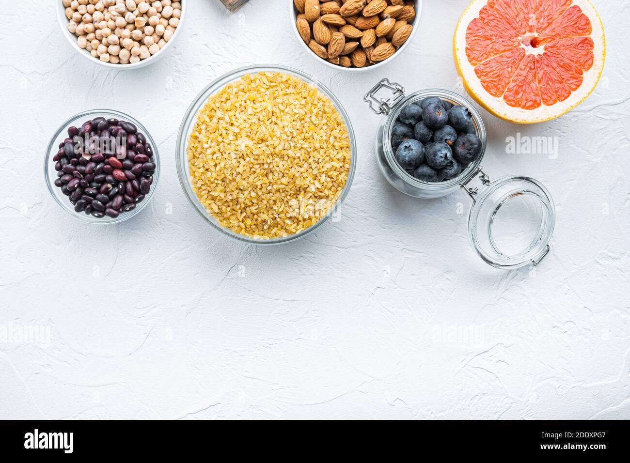 Healthy balanced dieting ingredients concept, flat lay with space for ...