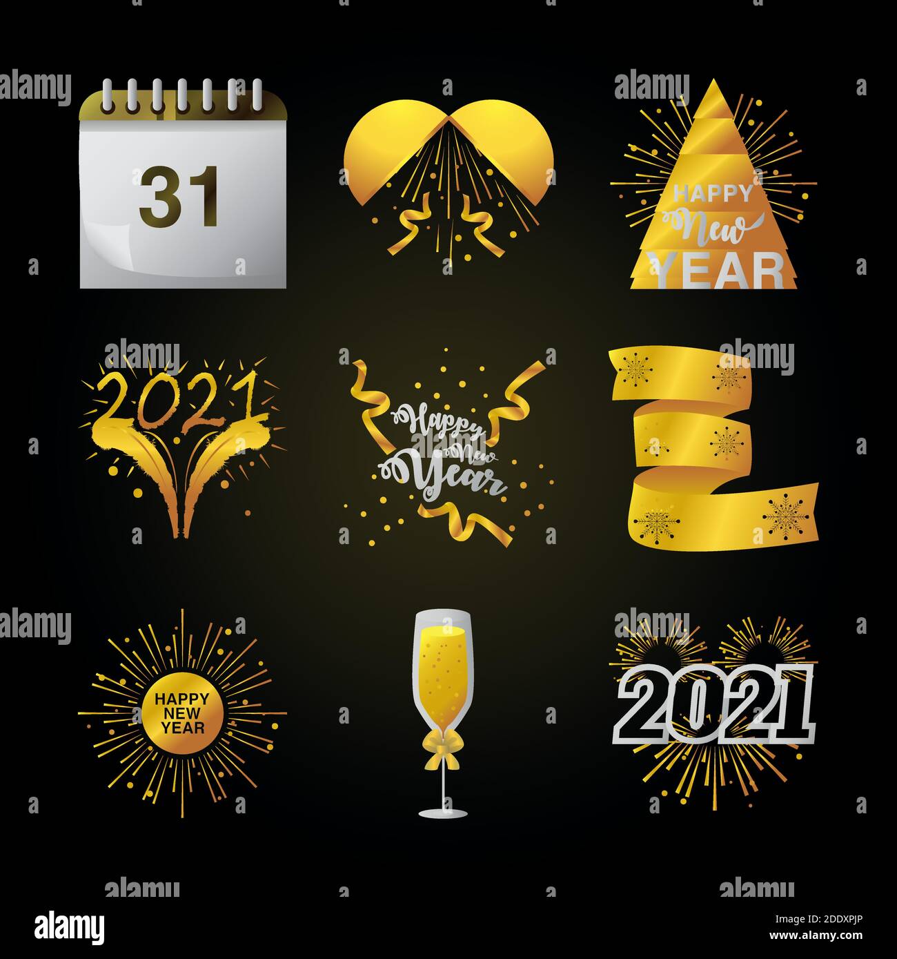 happy new year 2021 icons set calendar champagne ribbon black ...