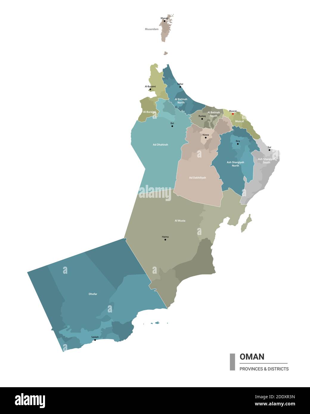 Oman higt detailed map with subdivisions. Administrative map of Oman with districts and cities ...