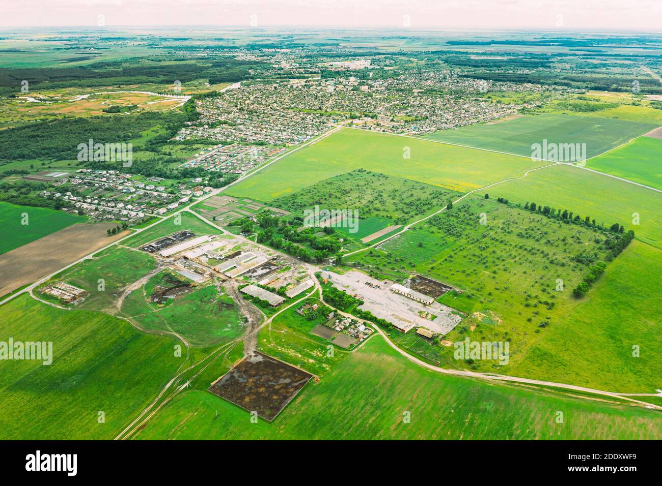 Belarus. Aerial Bird's-eye View Of Old Soviet Building Of Cowshed Cow ...
